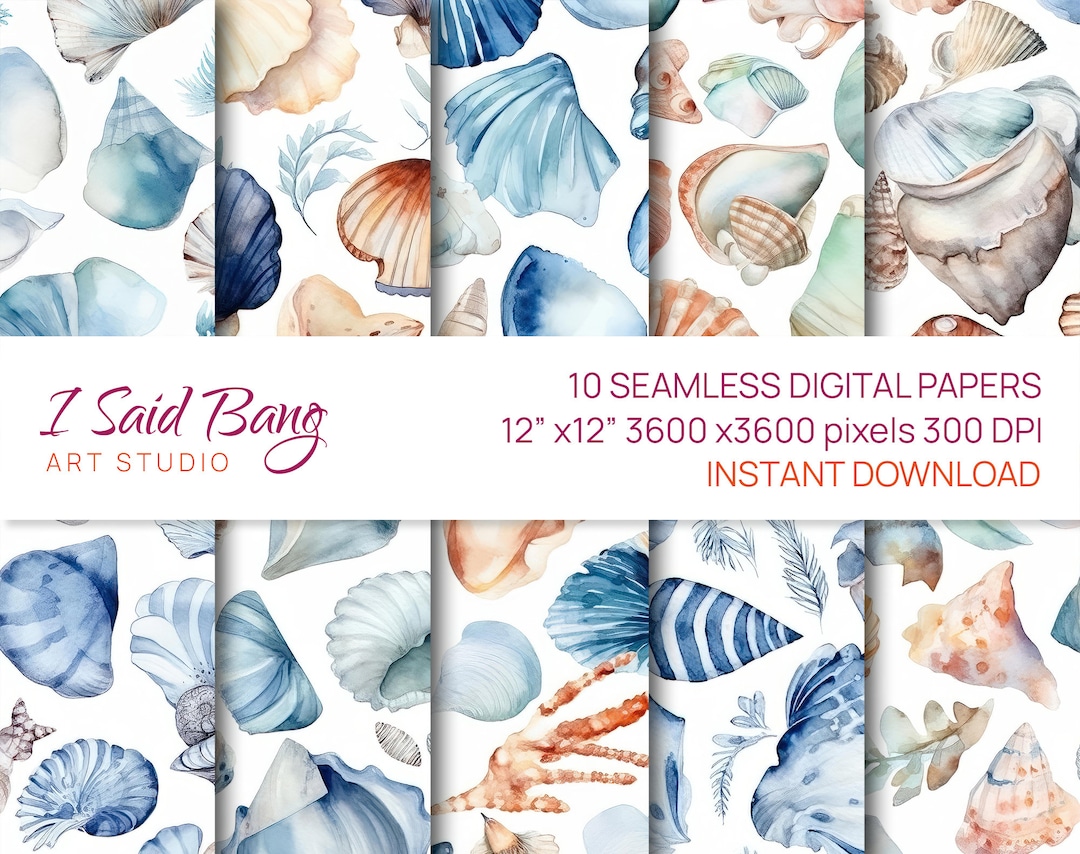 Watercolor Sea Shells Seamless Digital Papers, Scrapbook Papers ...