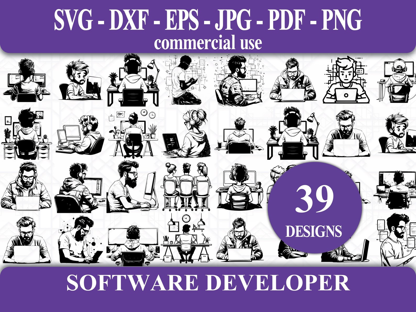 Software Developer SVG Bundle - 39 Profession Vector Illustrations for ...