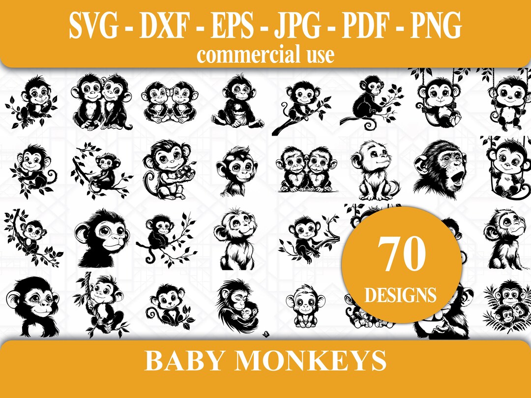 Baby Monkeys SVG Bundle - 70 Animal Vector Illustrations for Cricut ...