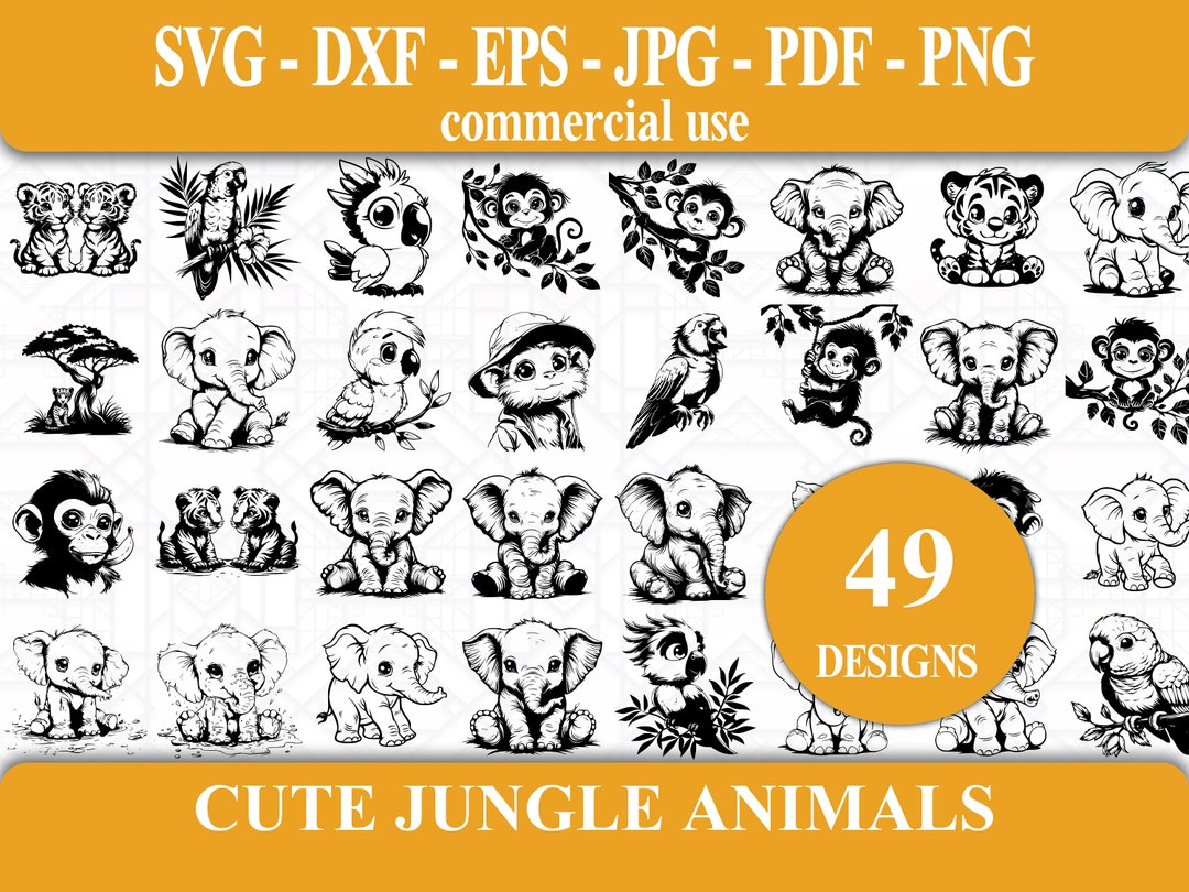 Cute Jungle Animals SVG Bundle - 49 Animal Vector Illustrations for ...