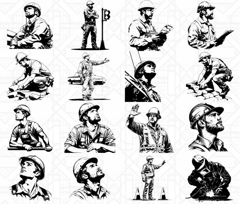 Construction Worker SVG Bundle - 34 Profession Vector Illustrations for ...