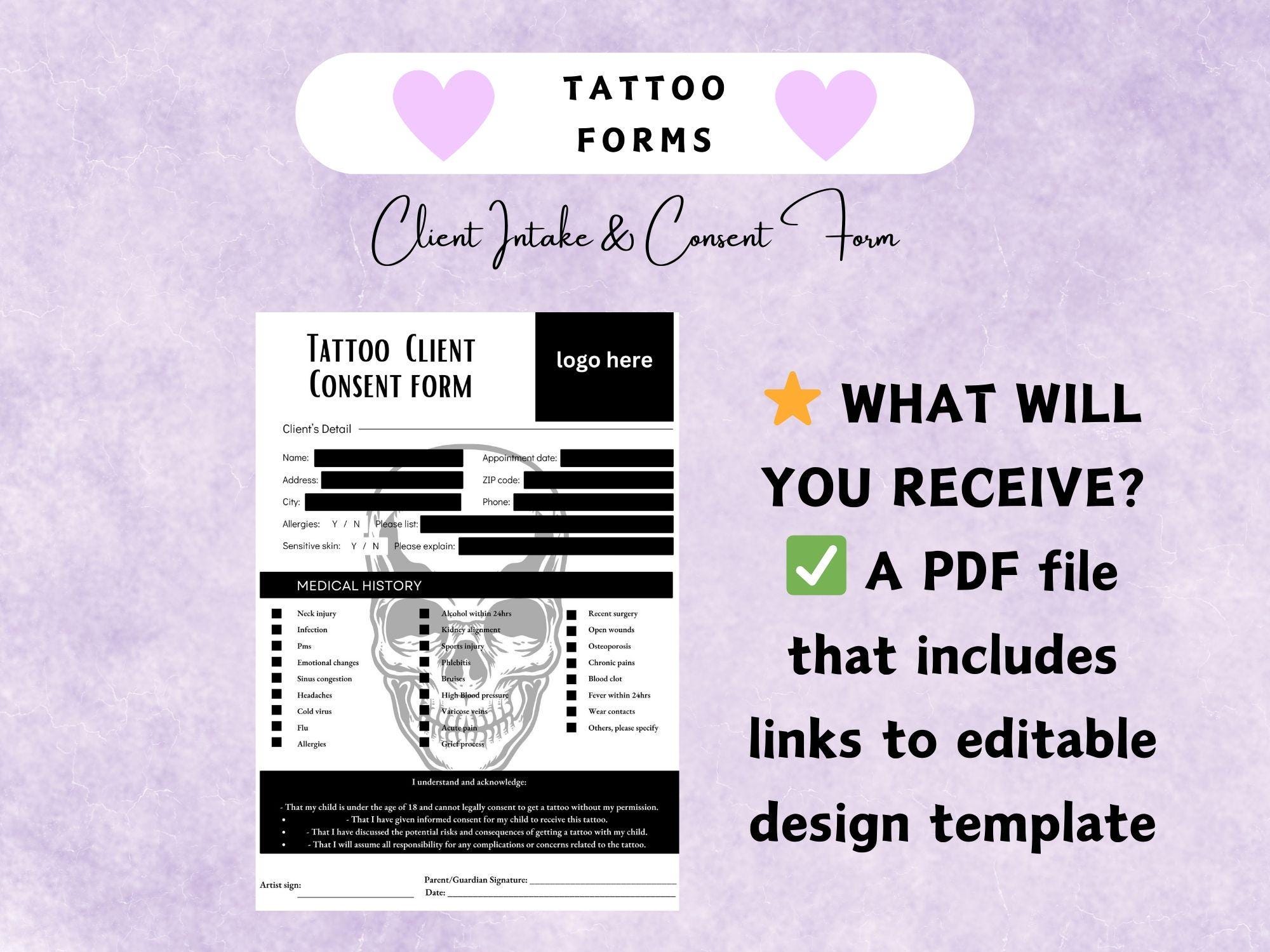Tattoo Intake Form Tattoo Consent Form Tattoo Artist Forms Tattoo ...