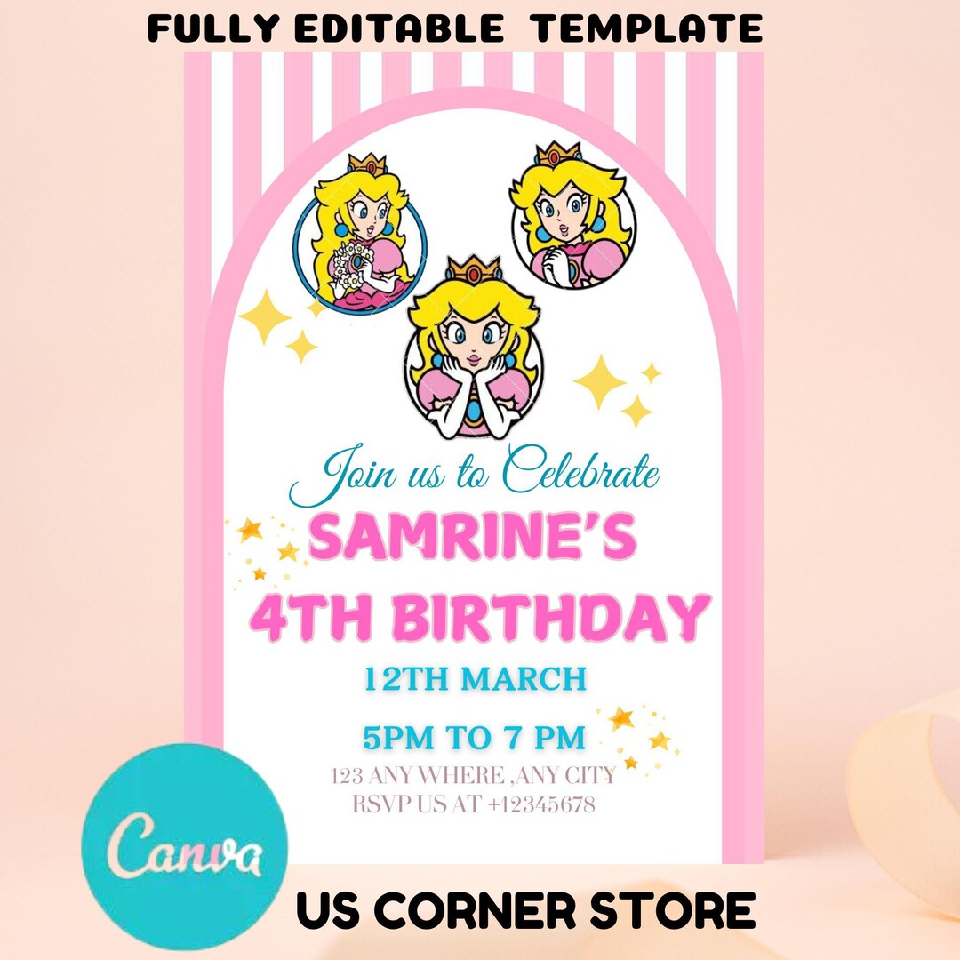 Princess Peach Invitation Super Mario Princess Birthday Invite Editable ...