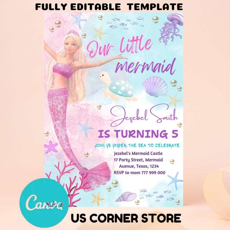 Editable Splish Splash Mermaid Pool Party Invitation Girl Birthday ...