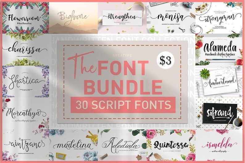 Script Font Bundle, Cursive Fonts With Hearts Bundle, Wedding Font ...