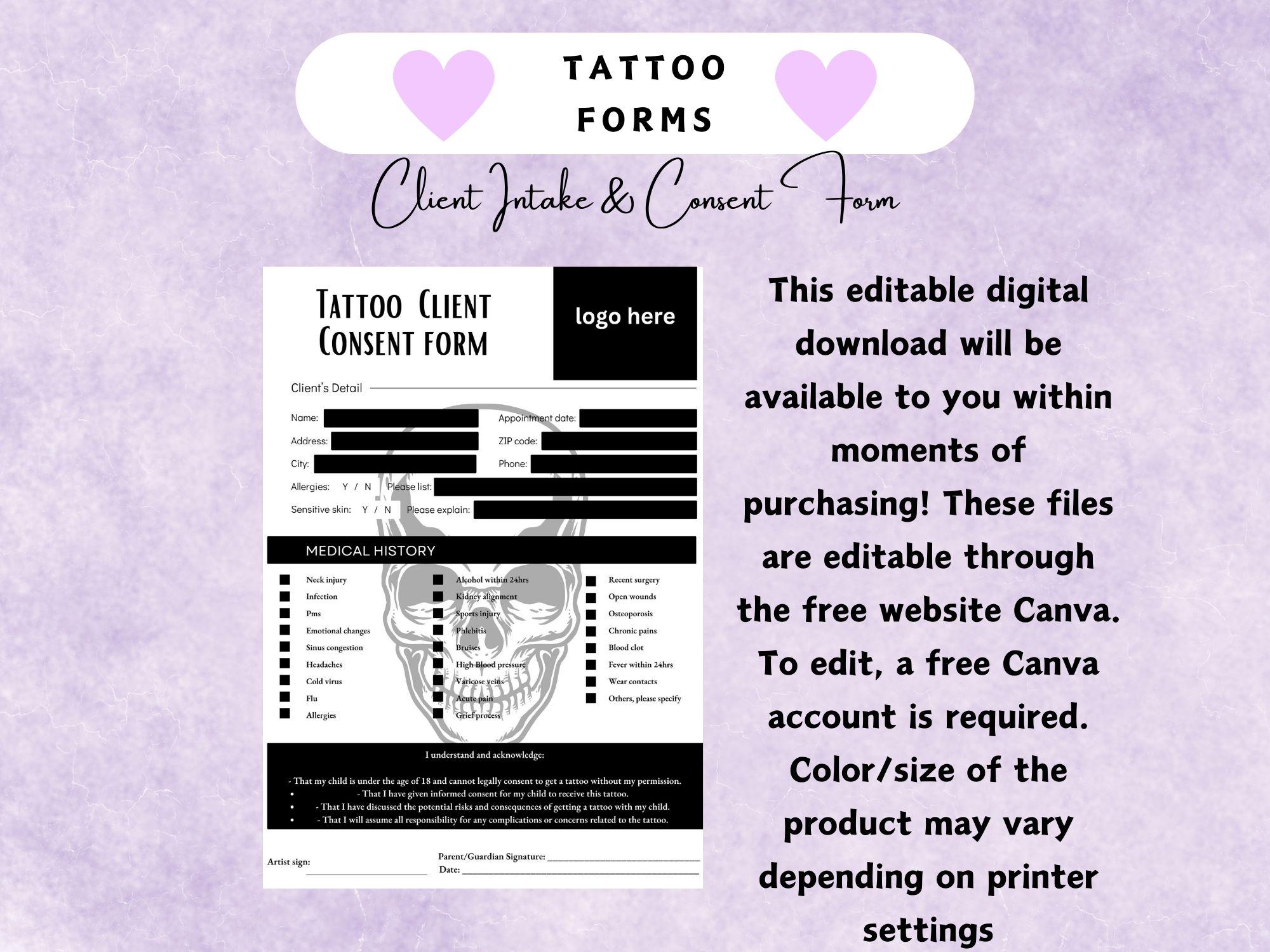 Tattoo Intake Form Tattoo Consent Form Tattoo Artist Forms Tattoo ...