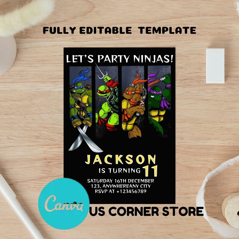 Editable Turtle Birthday Invitation | Printable Ninja Invite, Turtle ...