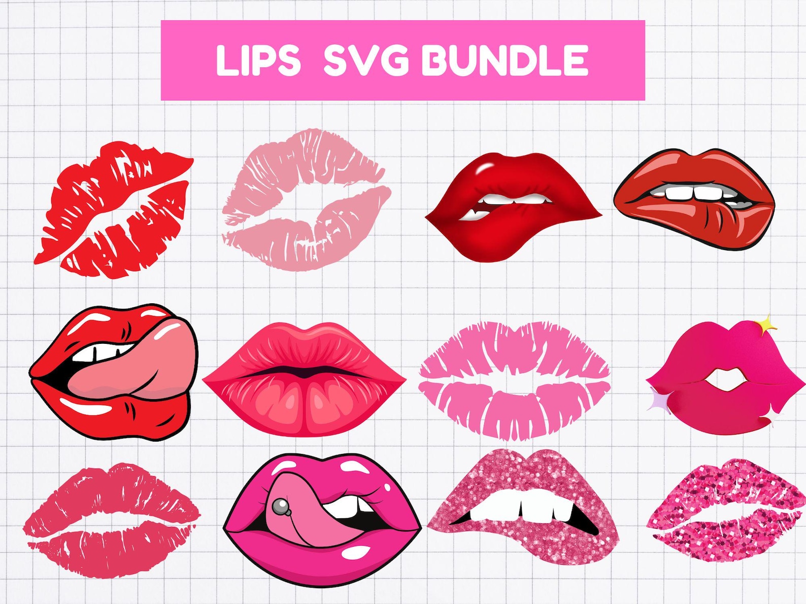 Lips Svg Bundle | Pink Lips Png Bundle | Kiss Svg | Lips Print Svg ...