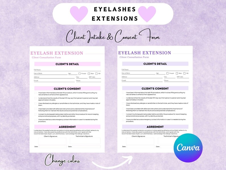 Editable Simple Eyelash Extensions Intake and Consent Form, Editable ...