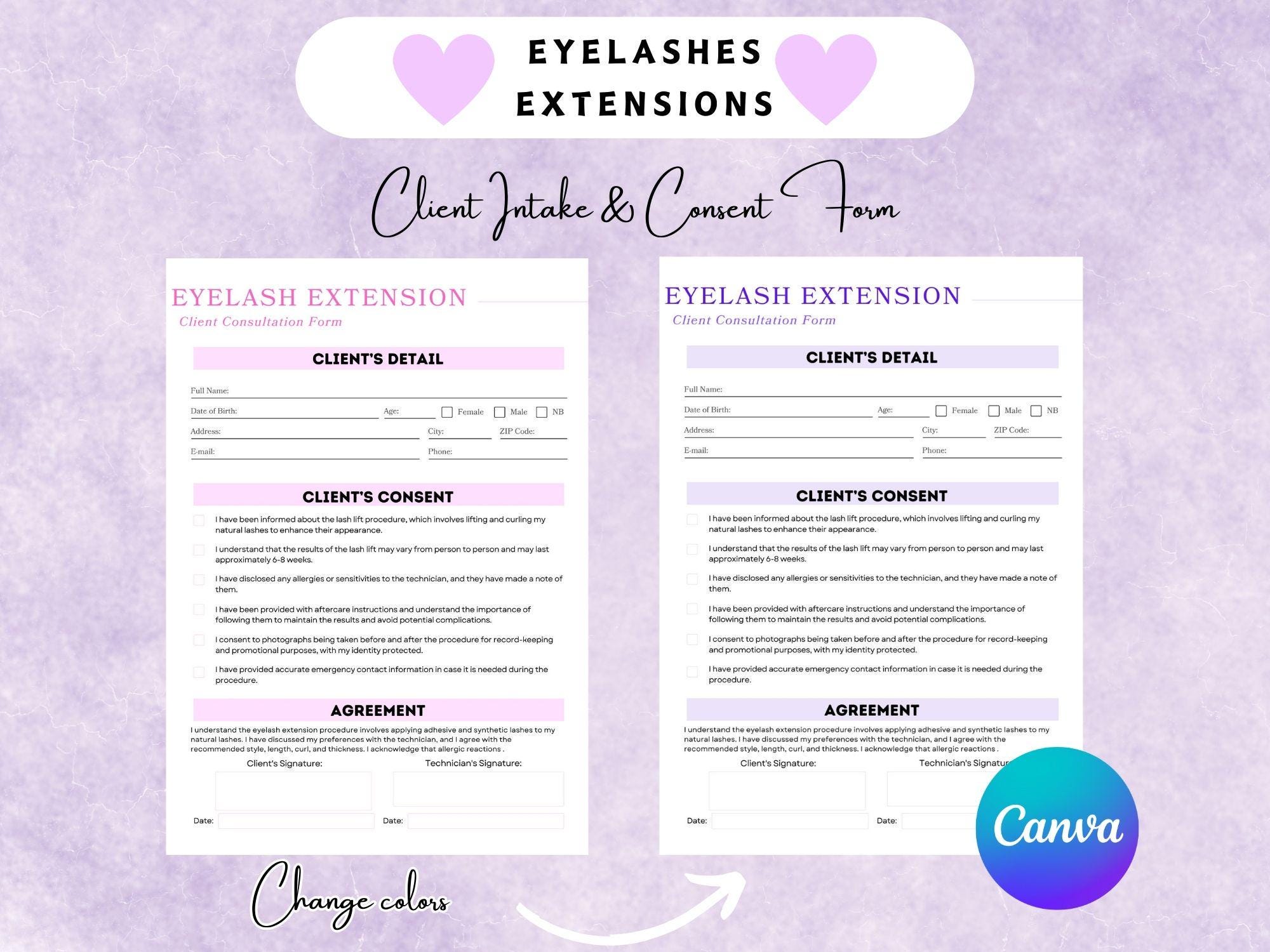 Editable Simple Eyelash Extensions Intake and Consent Form, Editable ...