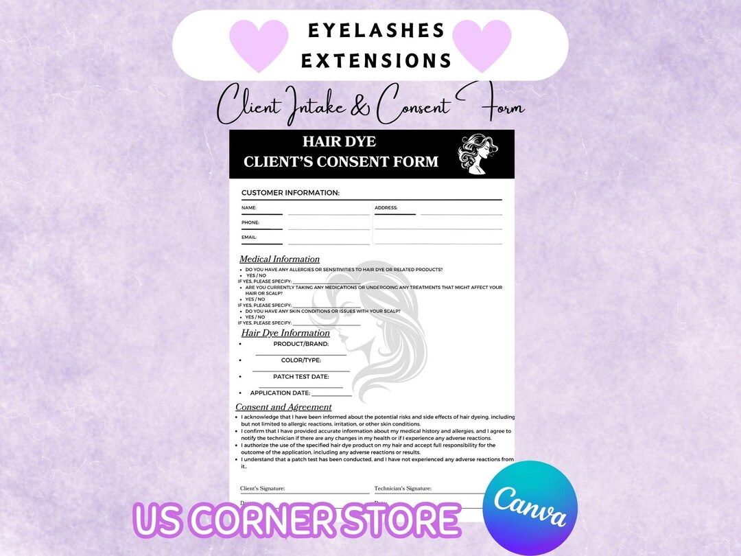 Hair Color Intake Form, Hair Color Consent Form, Canva Template, Hair ...