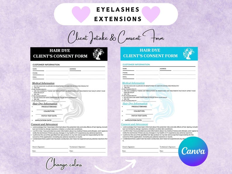 Hair Color Intake Form, Hair Color Consent Form, Canva Template, Hair ...