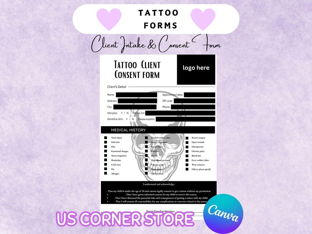 Tattoo Intake Form Tattoo Consent Form Tattoo Artist Forms Tattoo ...