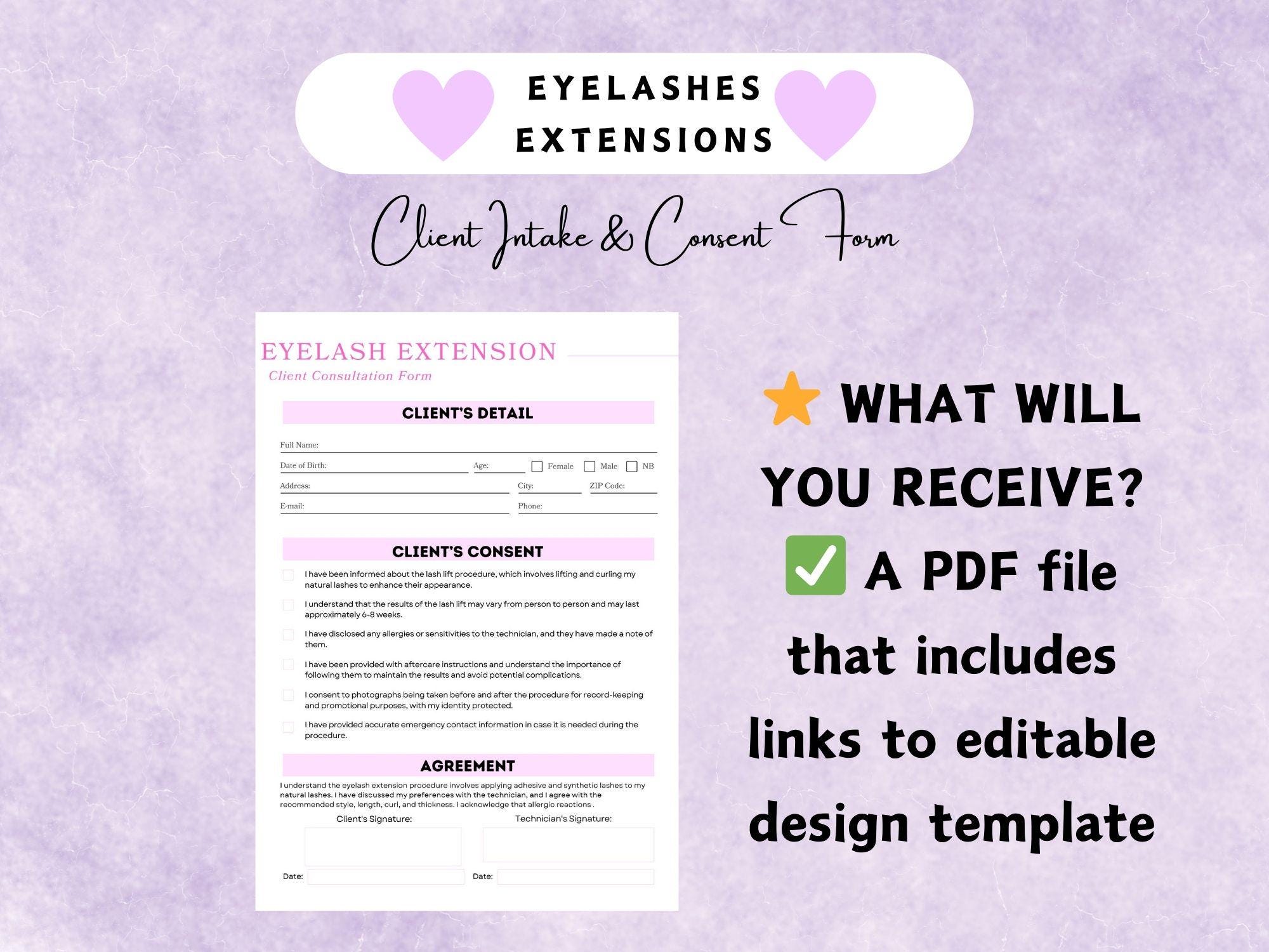 Editable Simple Eyelash Extensions Intake and Consent Form, Editable ...