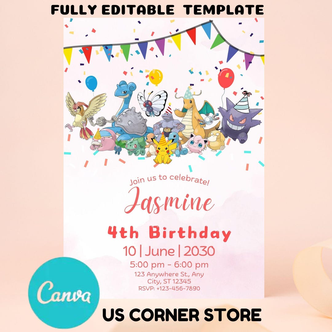 Pokemon Birthday Invite | Printable Birthday Invitation | Modern 5 Year ...