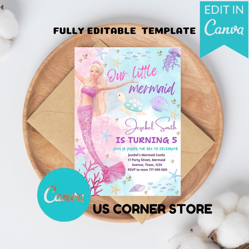 Editable Splish Splash Mermaid Pool Party Invitation Girl Birthday ...