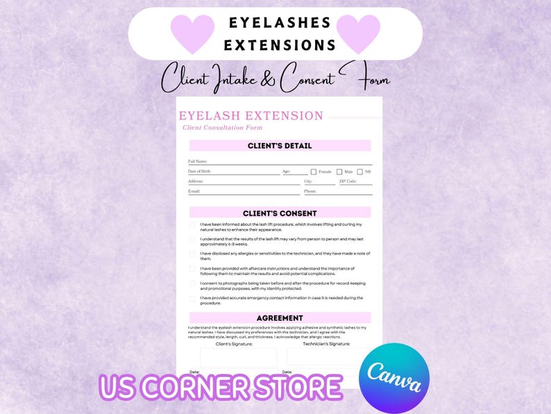 Editable Simple Eyelash Extensions Intake and Consent Form, Editable ...