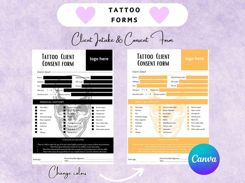 Tattoo Intake Form Tattoo Consent Form Tattoo Artist Forms Tattoo ...
