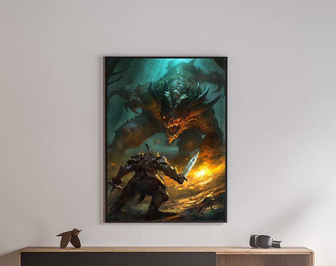 Knight Battles Monster,monster Poster, RPG Art Print, Fantasy, Fight ...