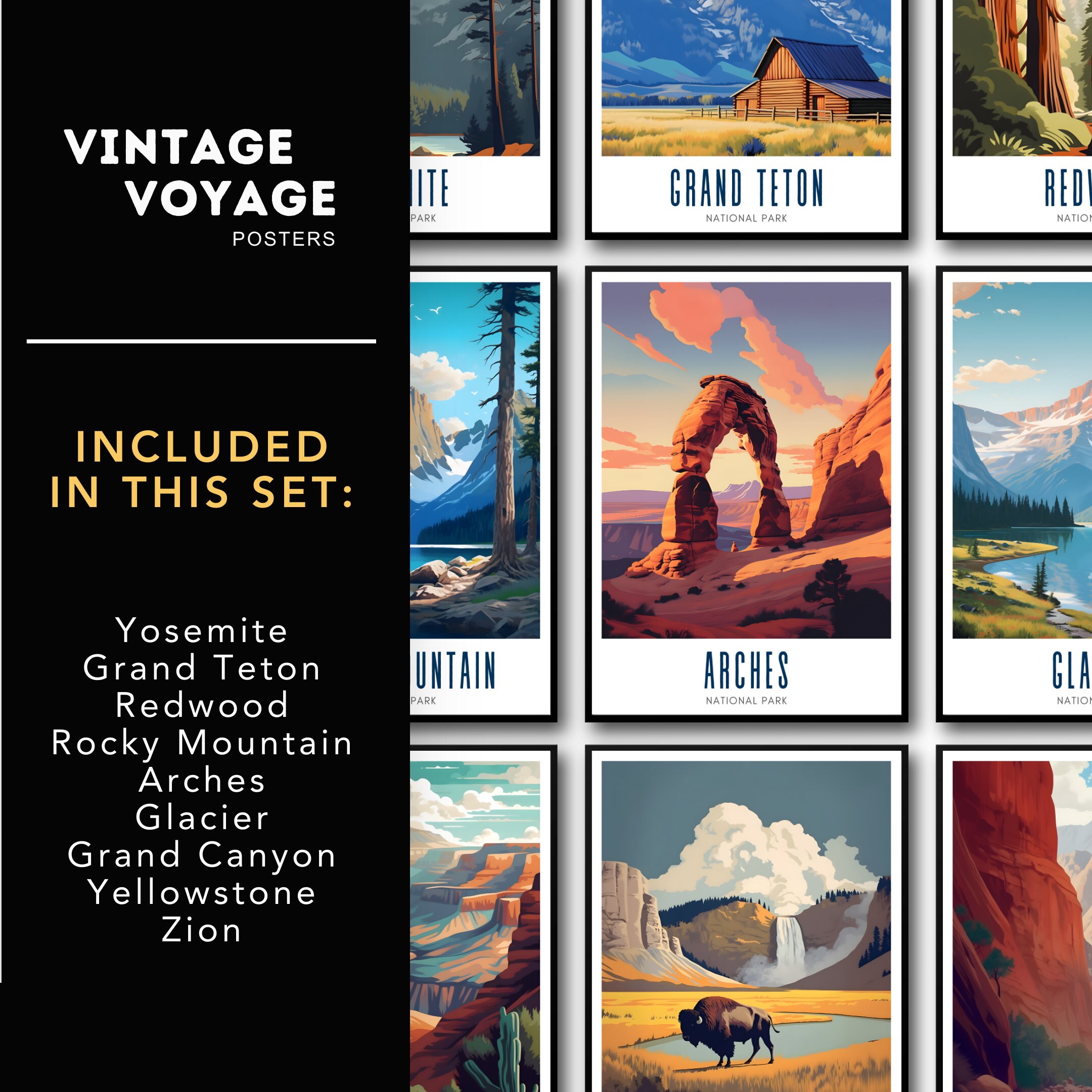 Set of 9 National Park Posters, National Park Wall Art Set, USA ...
