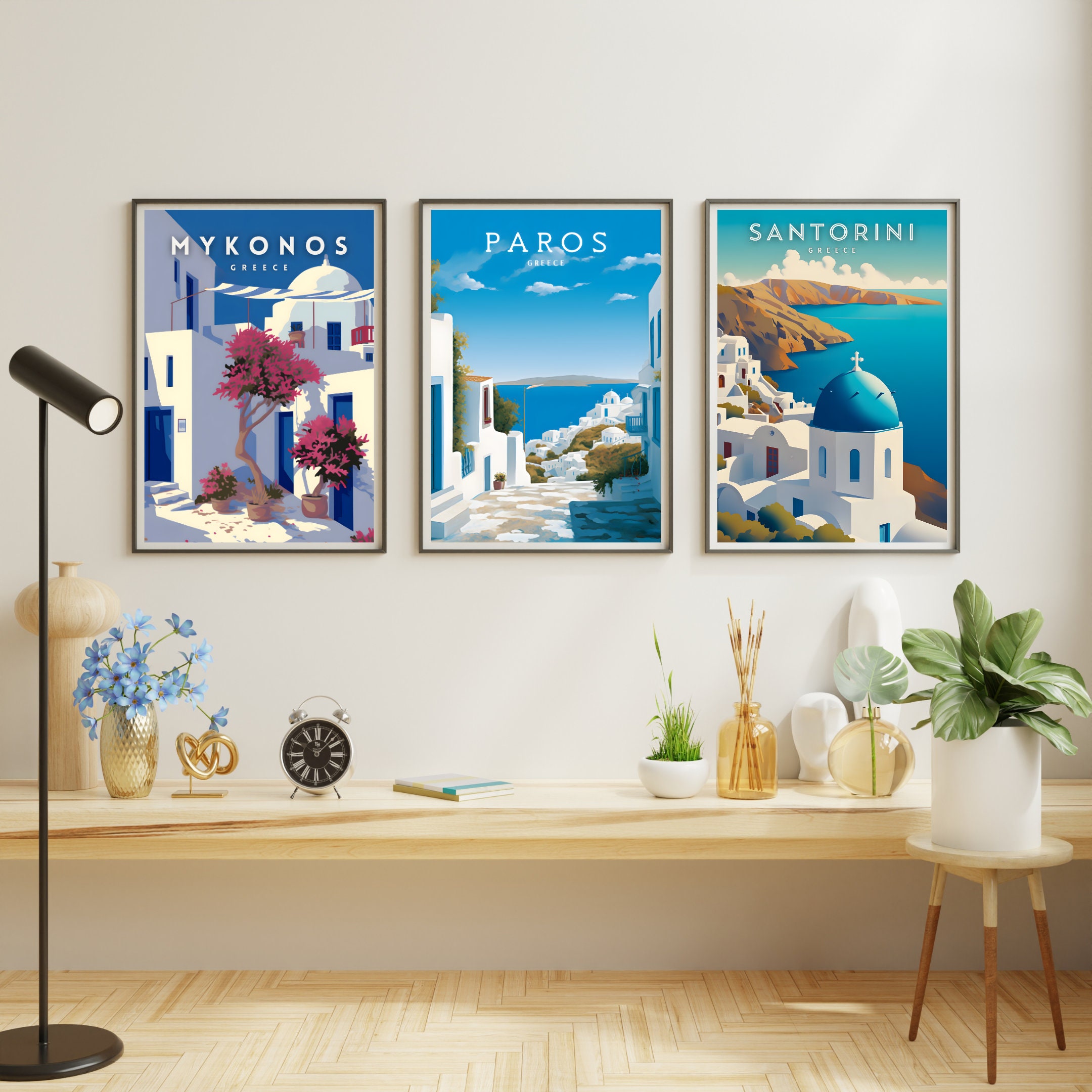Greek Islands Travel Poster Set: Mykonos, Santorini, Paros (digital ...