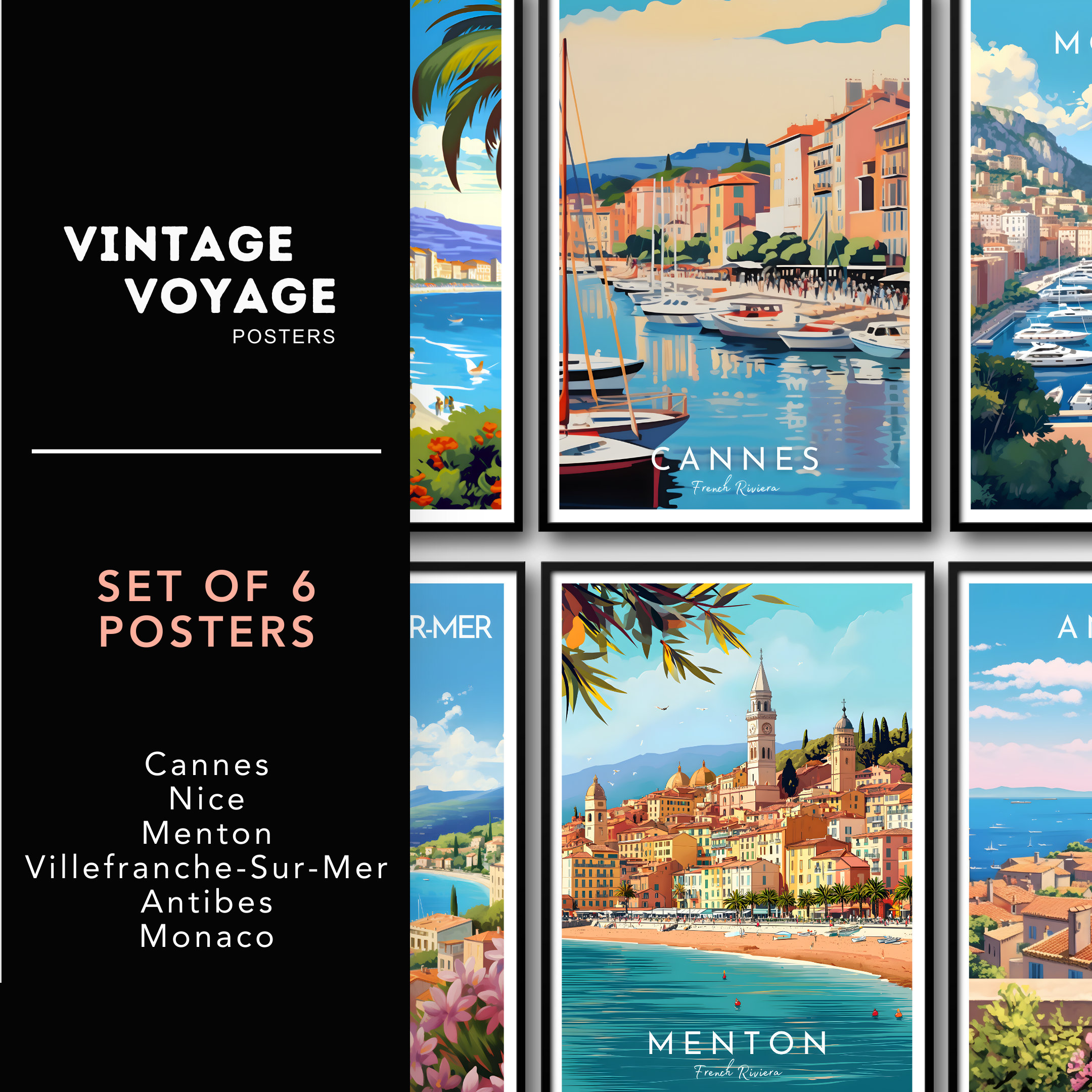French Riviera Poster Set, French Riviera Print Set, French Riviera Wall Art, Monaco, Nice ...