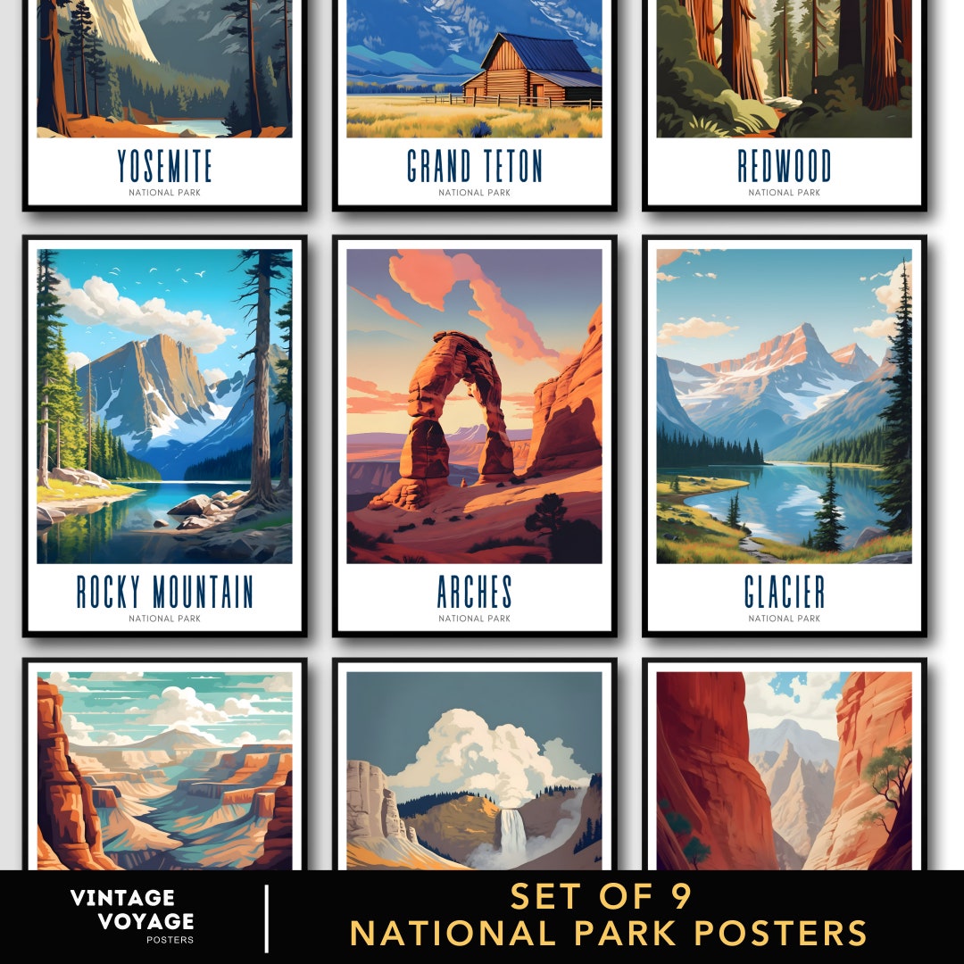 Set of 9 National Park Posters, National Park Wall Art Set, USA ...