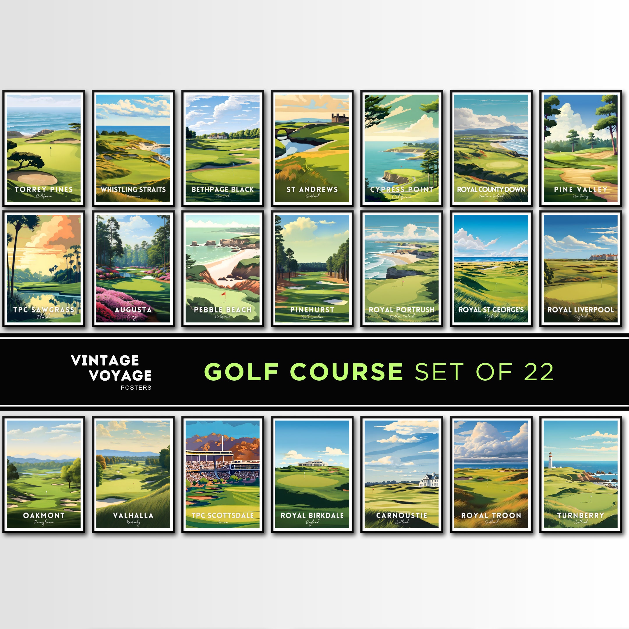 Golf Prints Set of 22, Augusta, Pebble Beach, Pinehurst, Golf Course ...