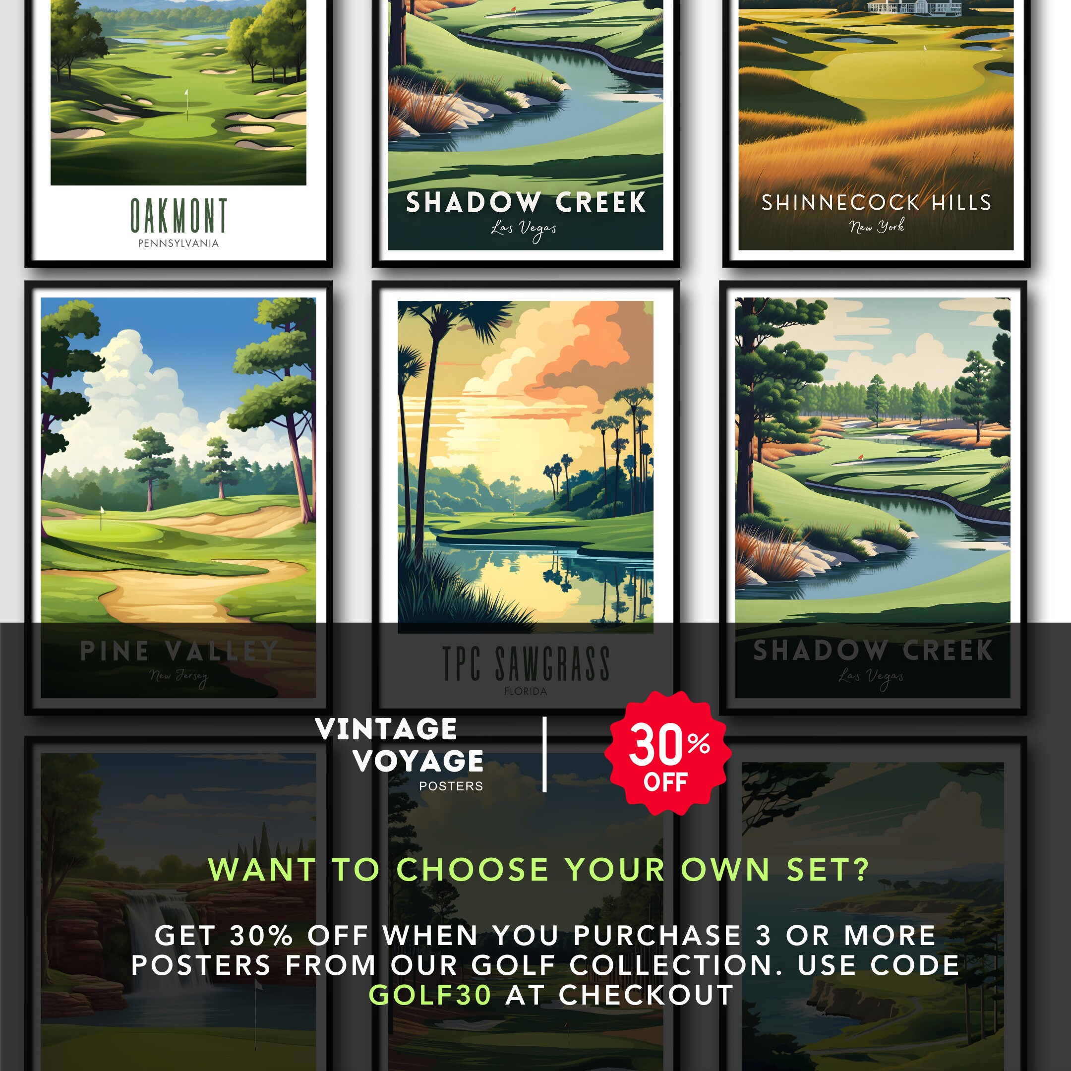 PGA Major Golf Prints Set, Augusta, Pinehurst, Valhalla, Royal Troon ...
