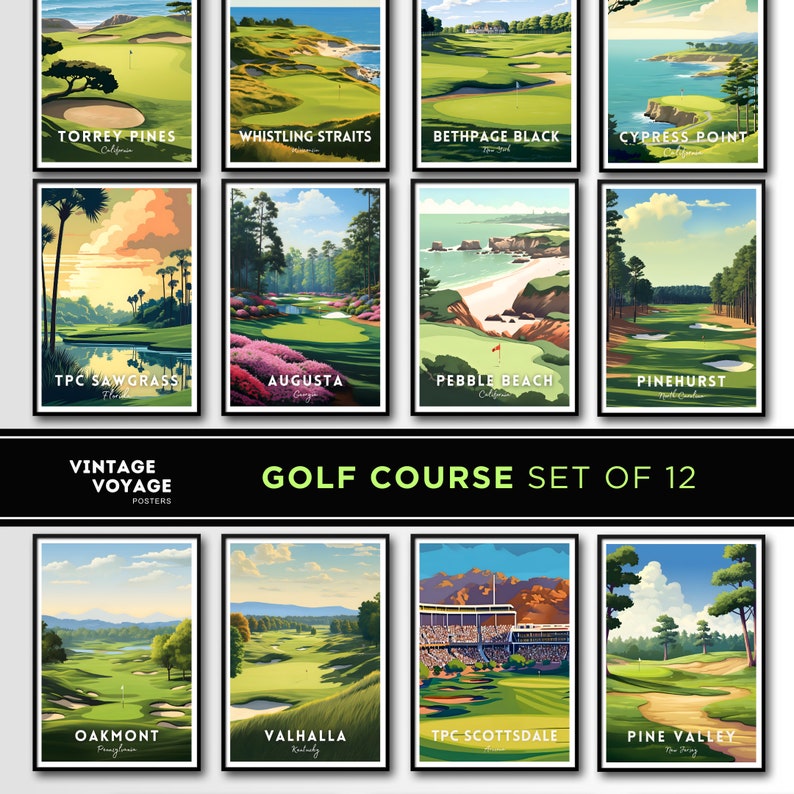 Golf Prints Set of 12, Augusta, Pebble Beach, Pinehurst, Golf Course ...