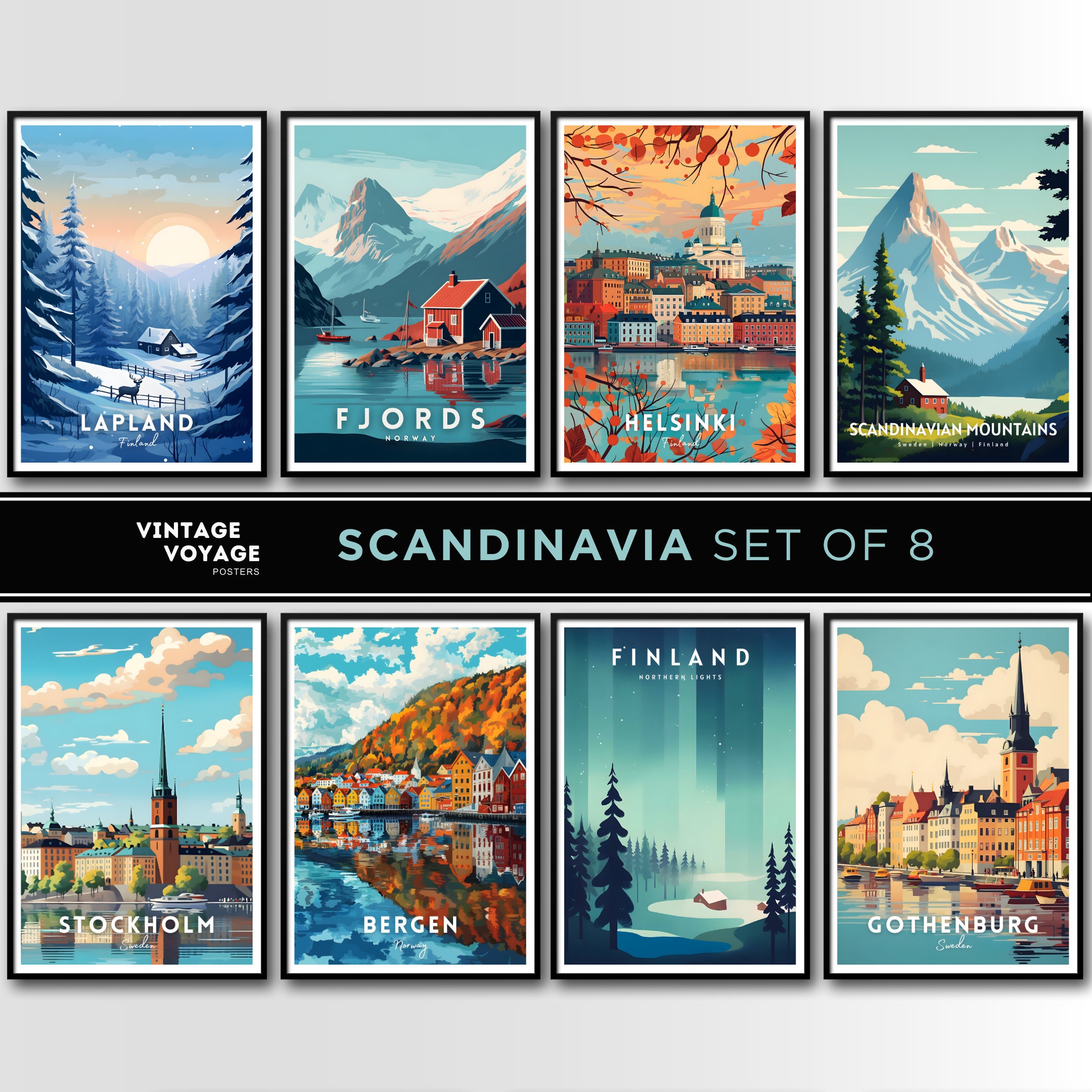 Scandinavia Poster Set of 8, Scandinavia Print Set, Scandinavia Wall ...