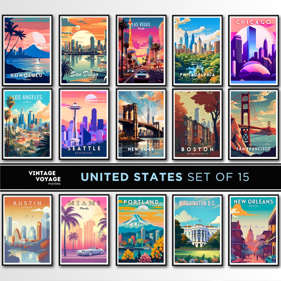 United States Set of 15 Poster Set, US Print Set, USA Wall Art, U.S ...