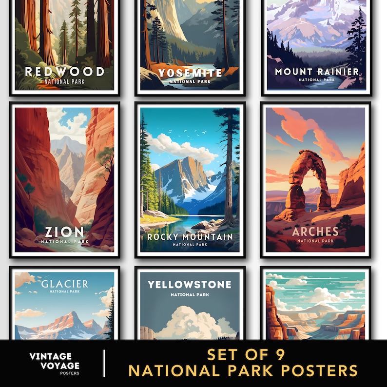 Set of 9 National Park Posters, National Park Wall Art Set, USA ...