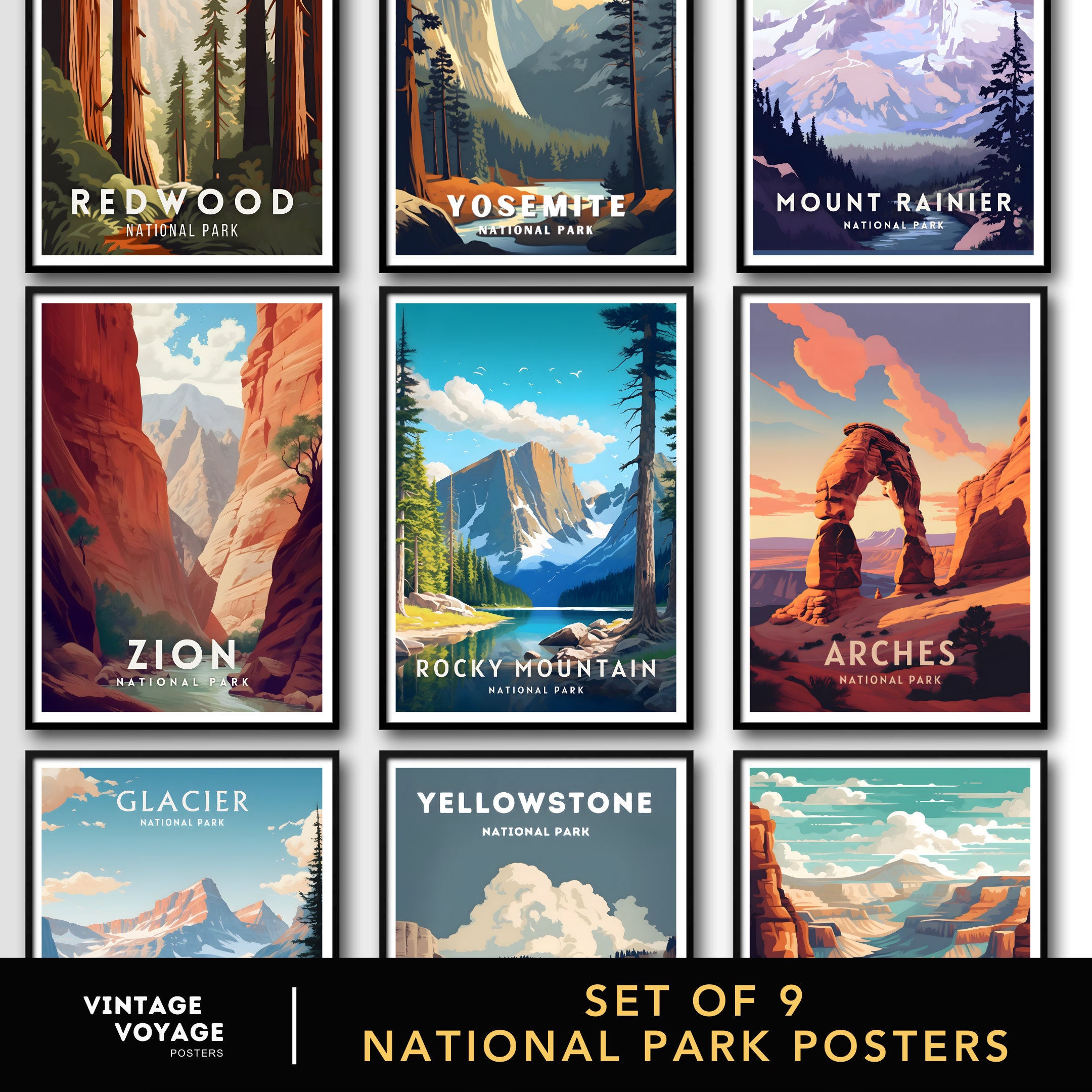 Set of 9 National Park Posters, National Park Wall Art Set, USA ...