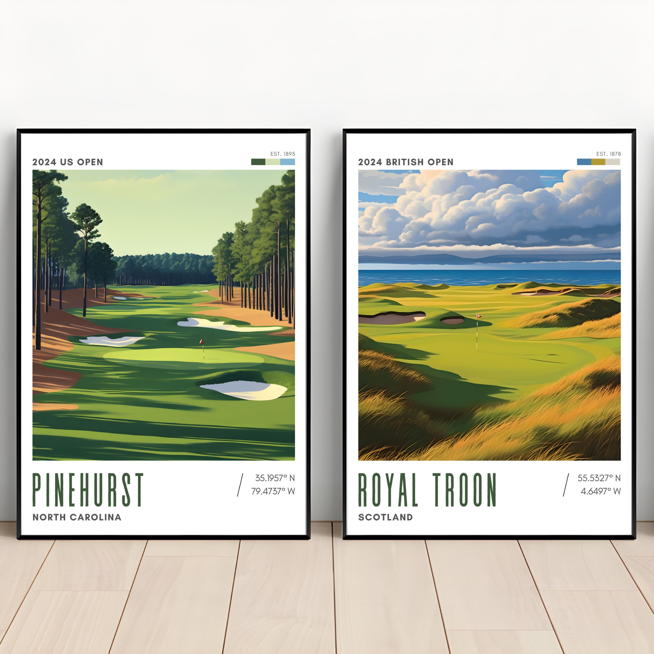 PGA Major Golf Prints Set, Augusta, Pinehurst, Valhalla, Royal Troon ...