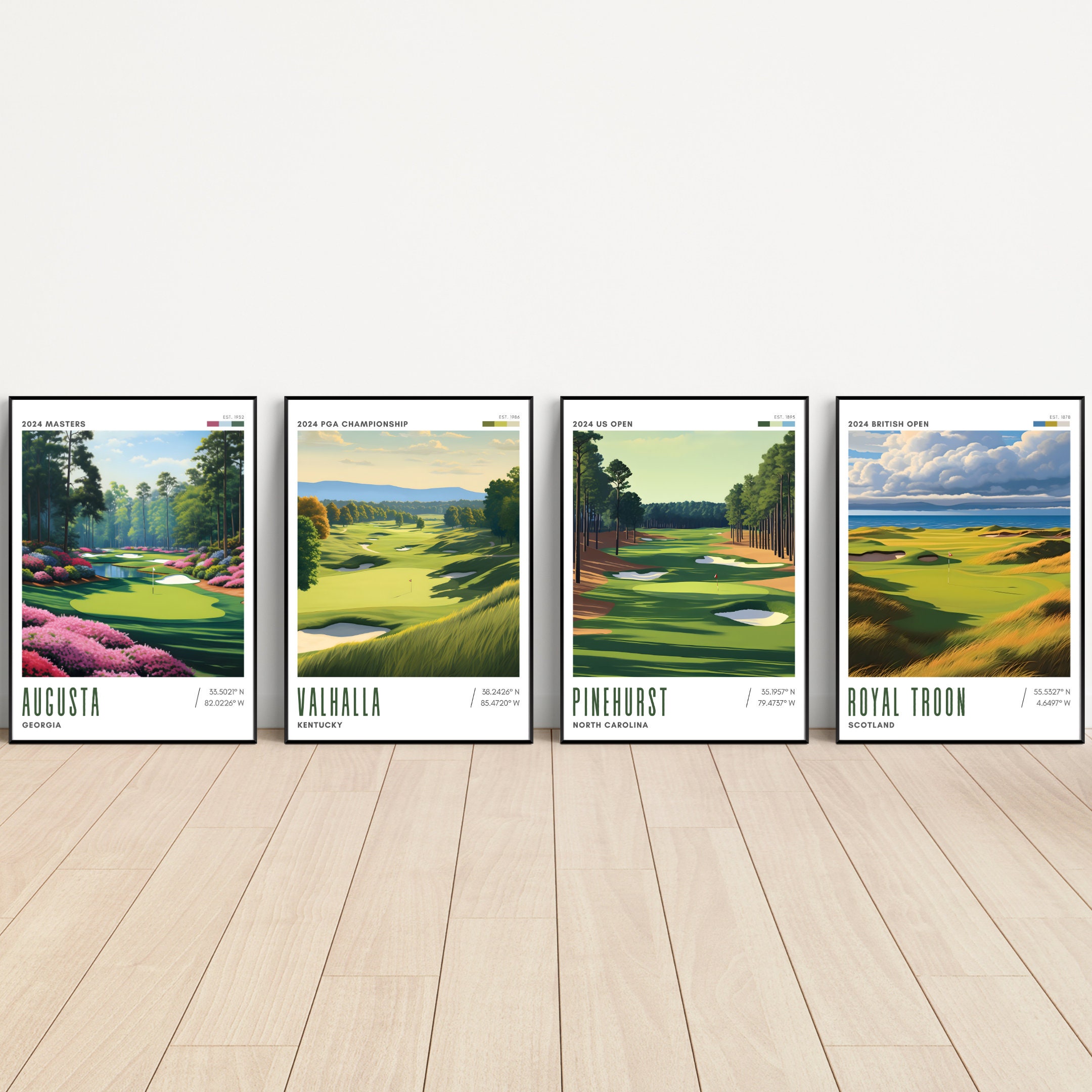 PGA Major Golf Prints Set, Augusta, Pinehurst, Valhalla, Royal Troon ...