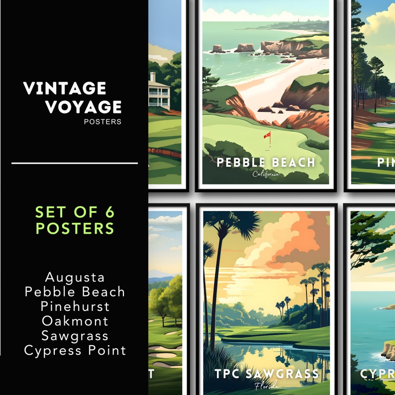 Golf Prints Set, Augusta, Pebble Beach, Pinehurst, Golf Course Posters ...