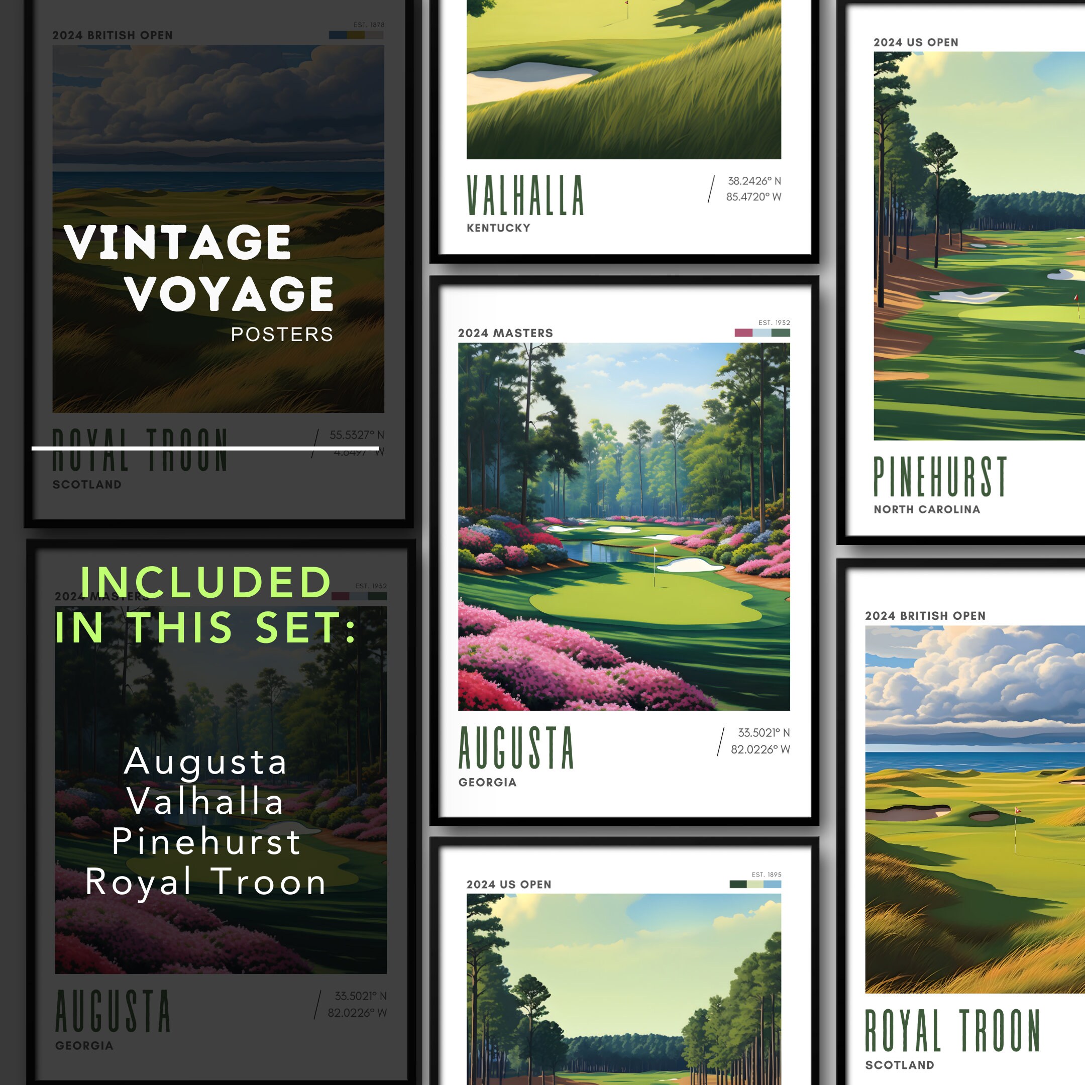 PGA Major Golf Prints Set, Augusta, Pinehurst, Valhalla, Royal Troon ...