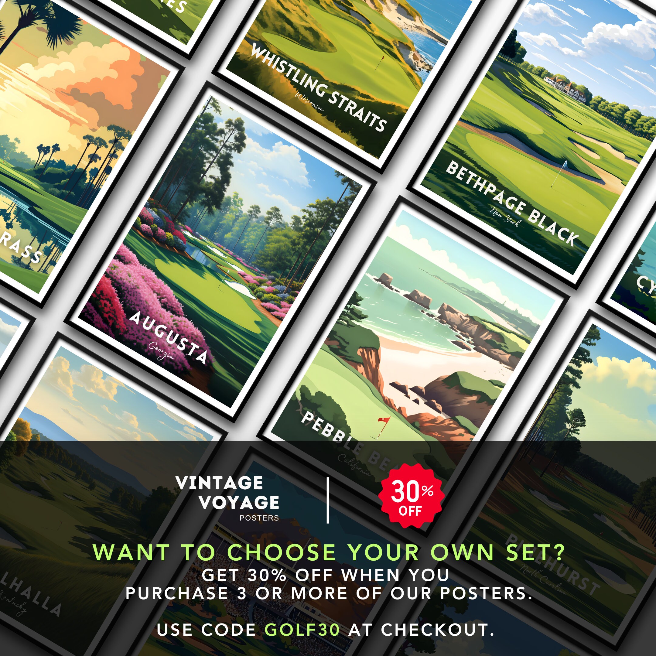 Golf Prints Set of 12, Augusta, Pebble Beach, Pinehurst, Golf Course ...