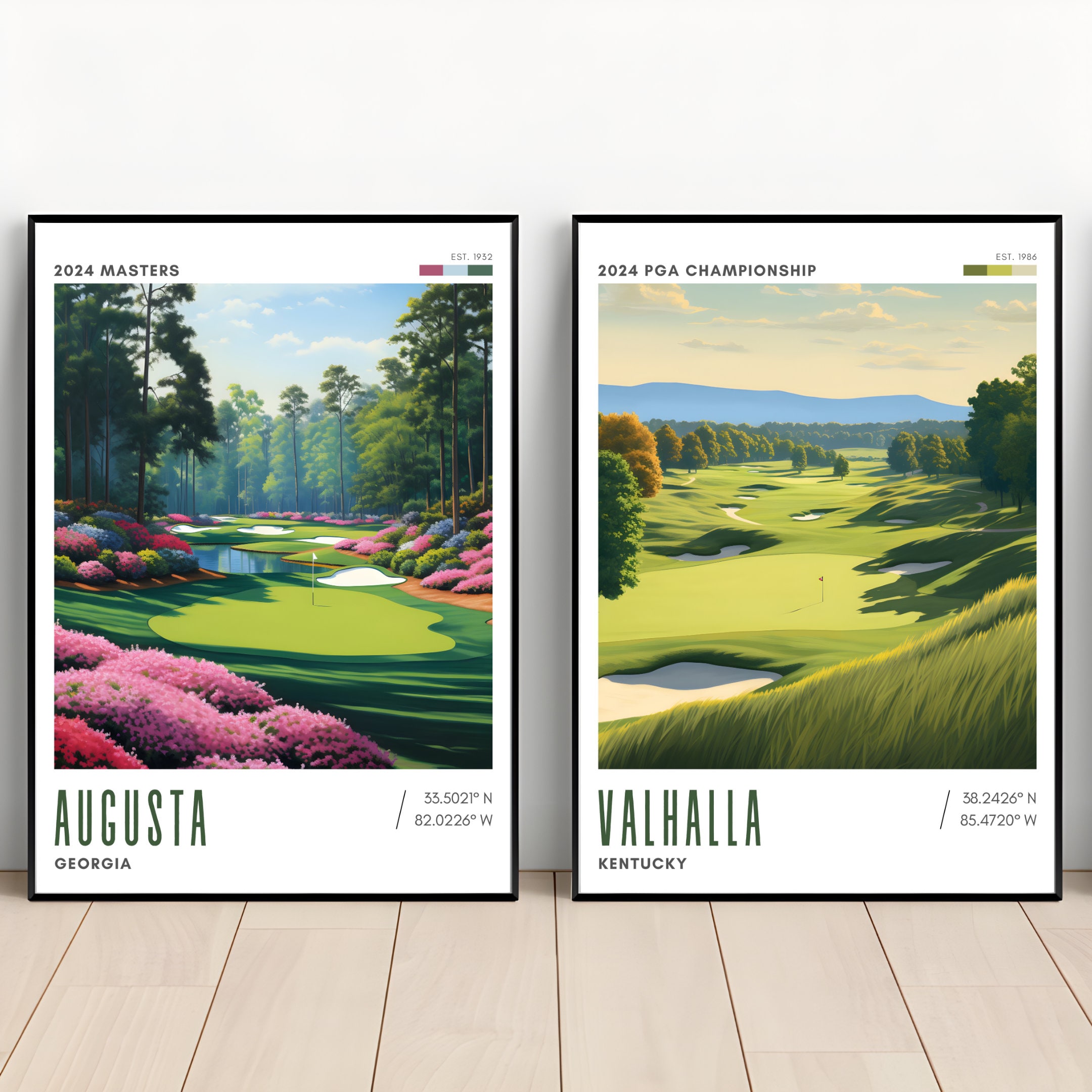 PGA Major Golf Prints Set, Augusta, Pinehurst, Valhalla, Royal Troon ...