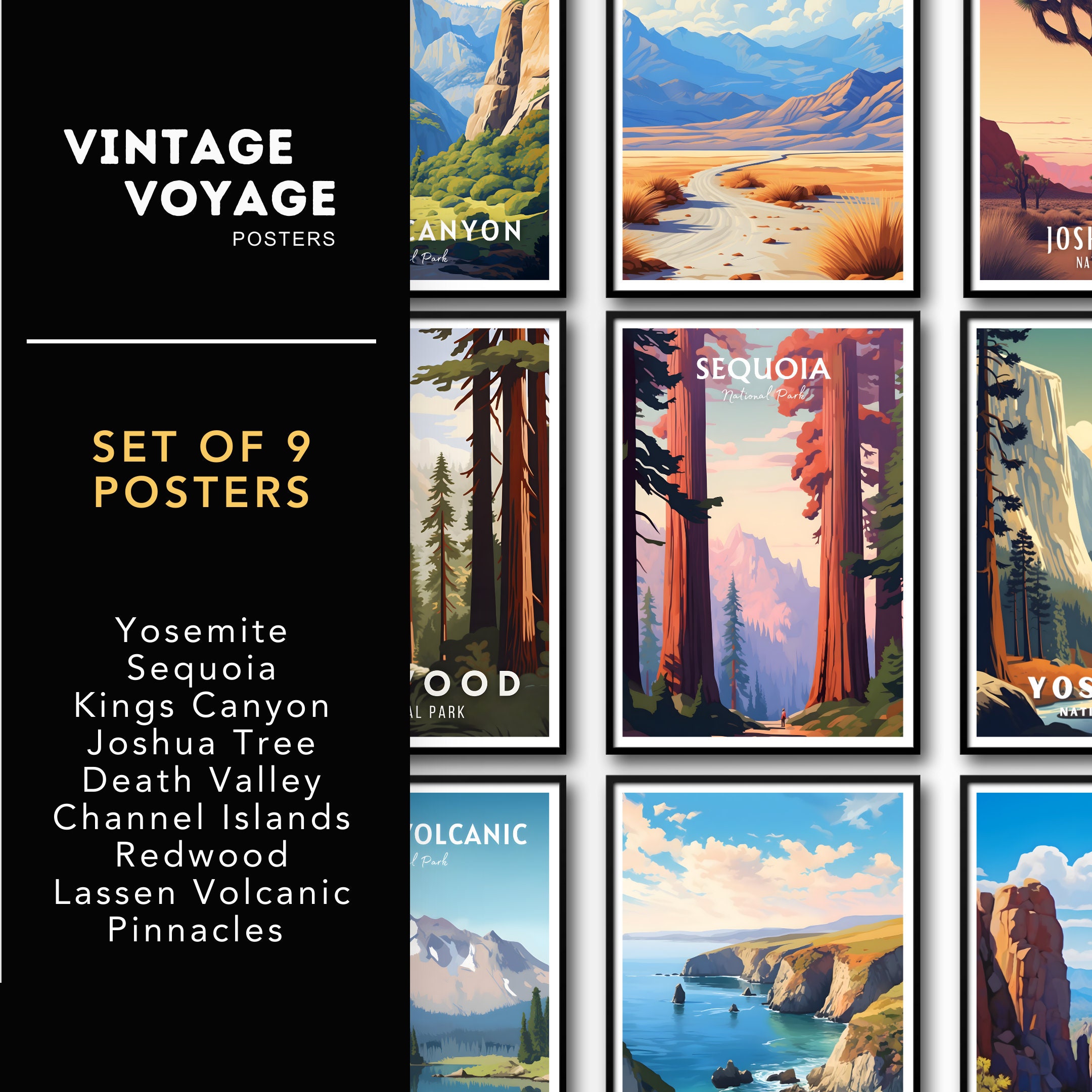 Set of 9 California National Park Posters, National Park Wall Art Set ...