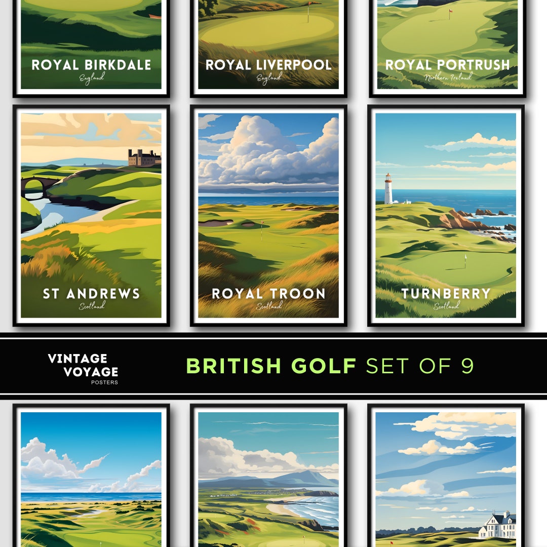 British Golf Prints Set of 9, St Andrews, Royal Troon, Carnoustie ...