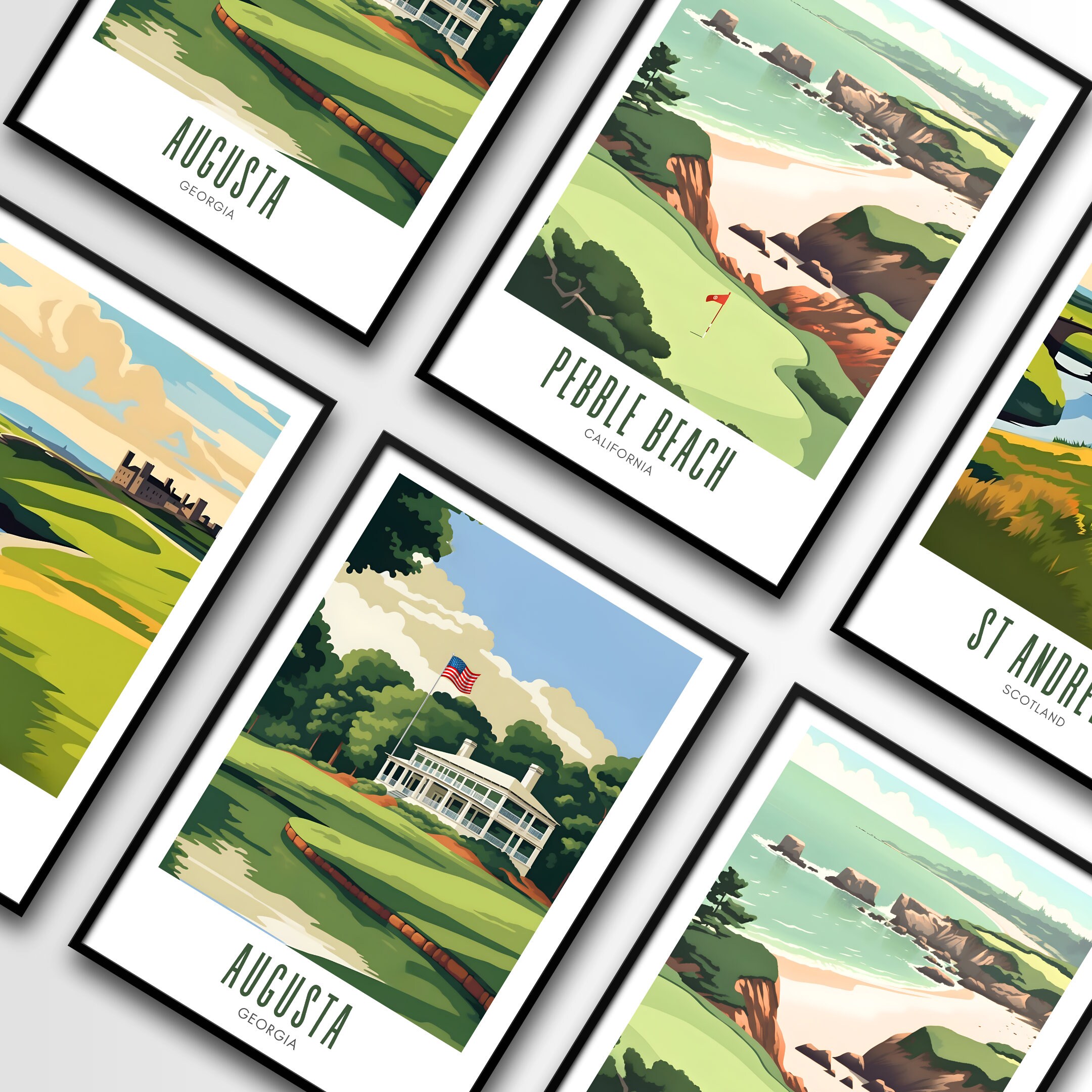 Golf Prints Set, Augusta, Pebble Beach, St Andrews, Golf Course Posters ...