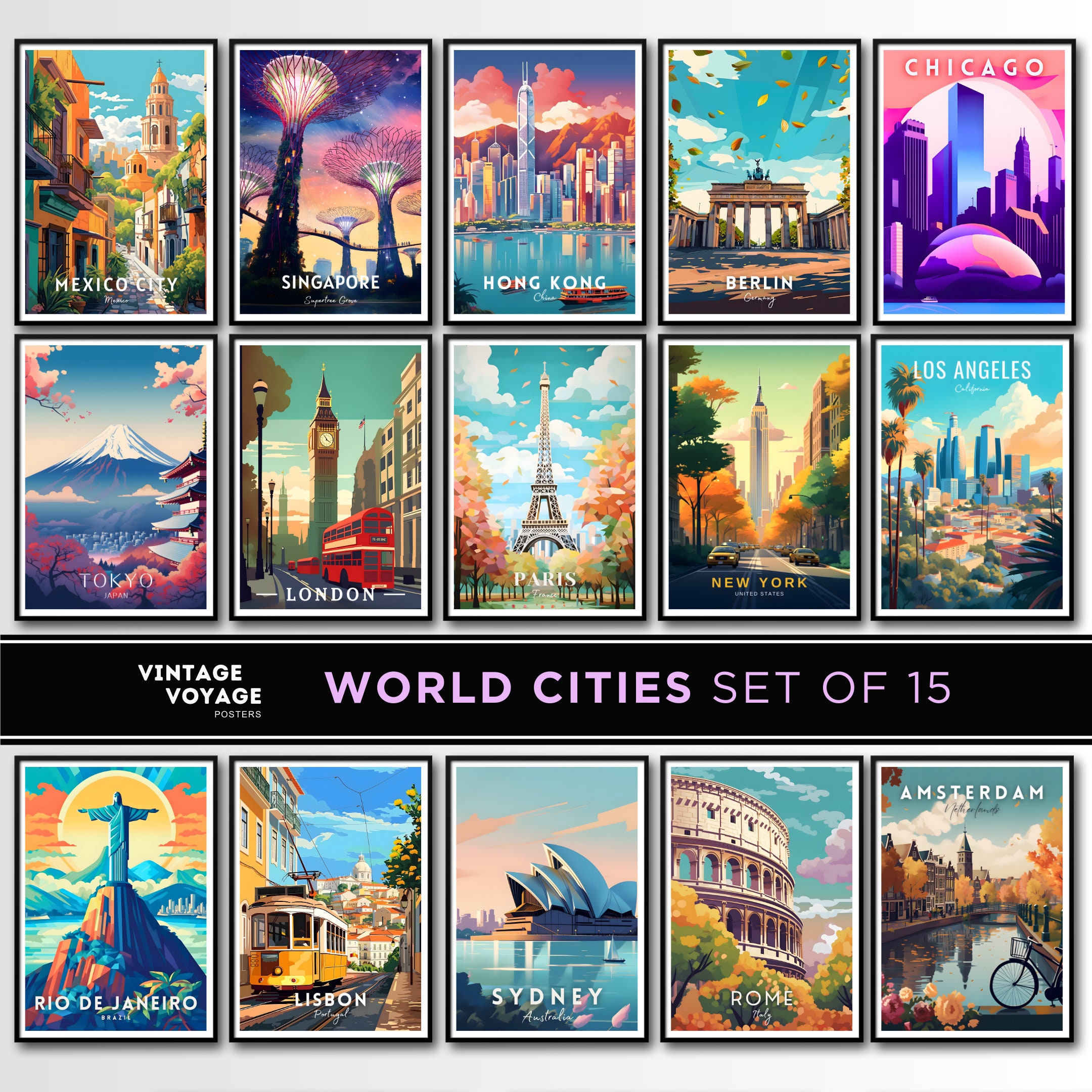 World Cities Poster Set of 15, World Cities Print Set, World Cities ...