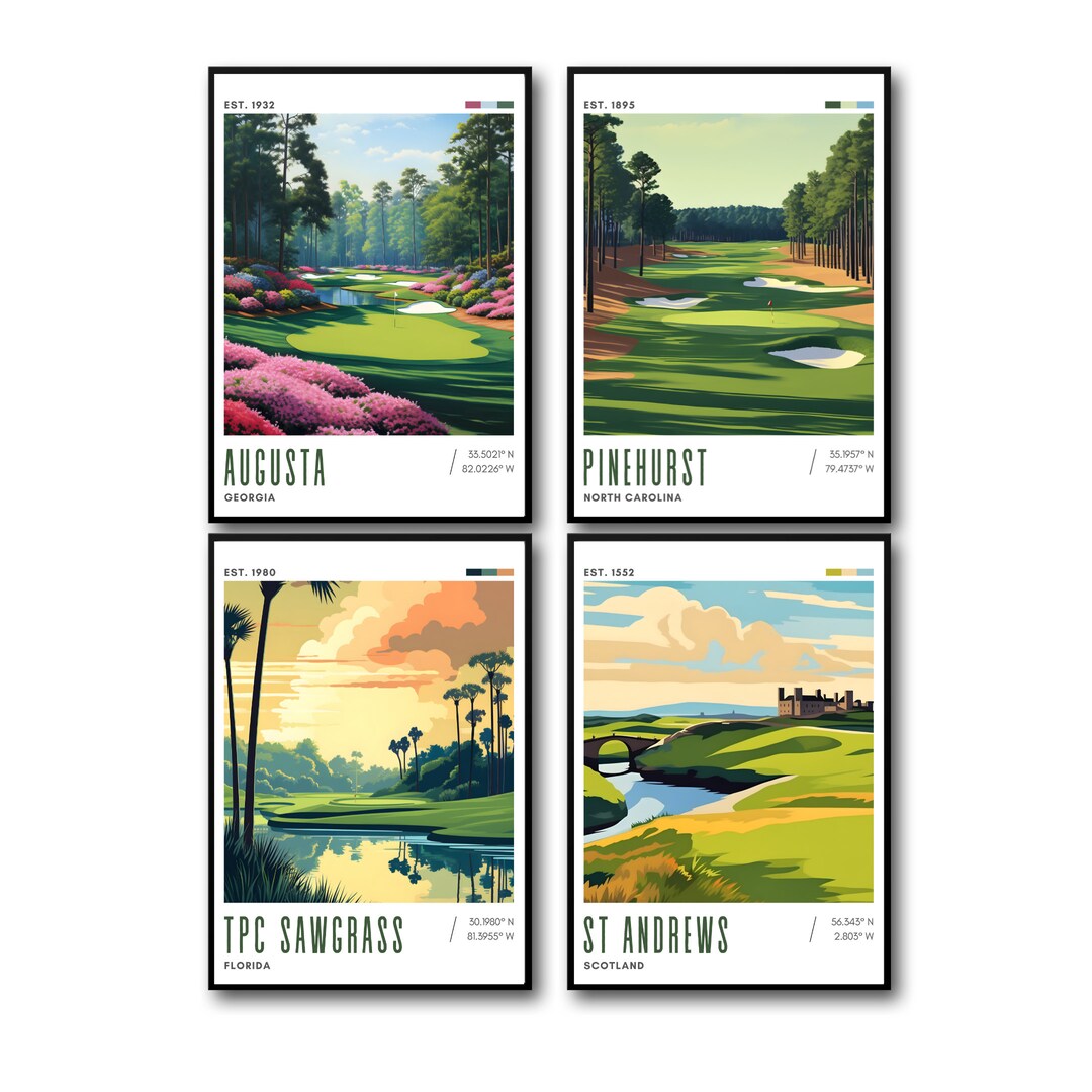 Golf Course Print Set of 4, Augusta, Pinehurst, St Andrews, TPC ...