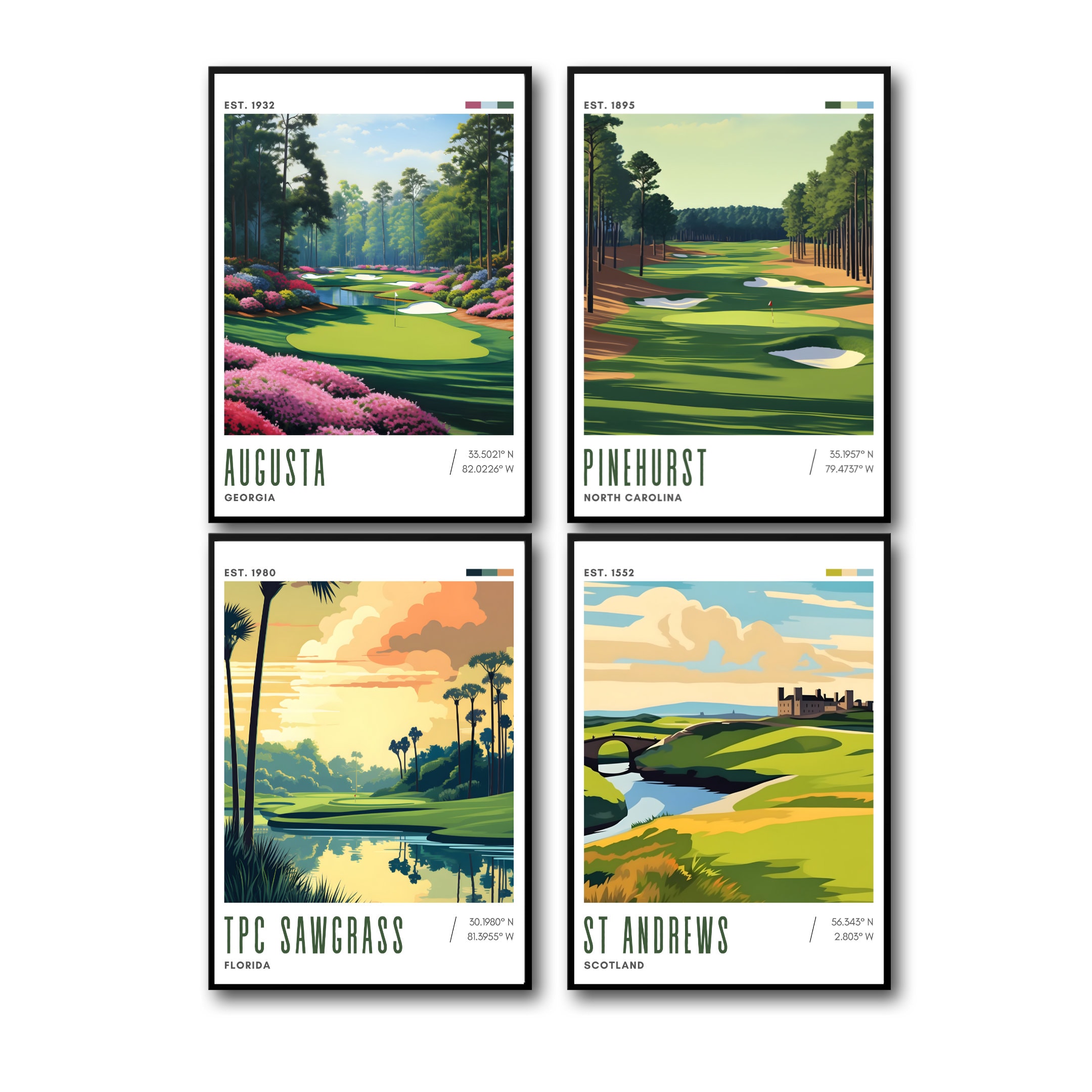 Golf Course Print Set of 4, Augusta, Pinehurst, St Andrews, TPC ...