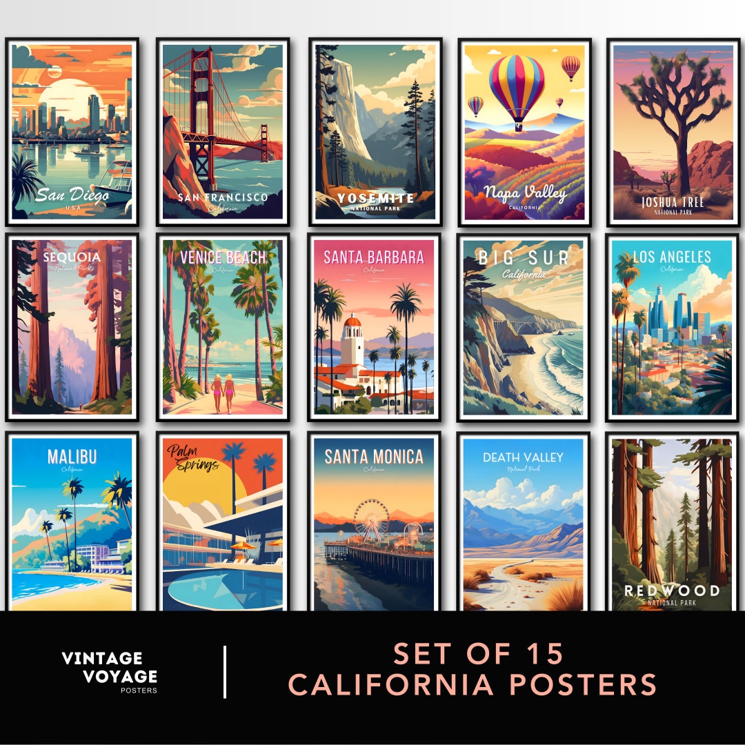 Set of 15 California Posters, California Wall Art Set, Californian ...