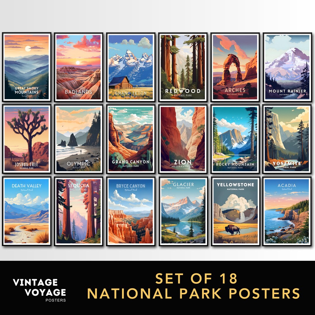Set of 18 National Park Posters, National Park Wall Art Set, USA ...