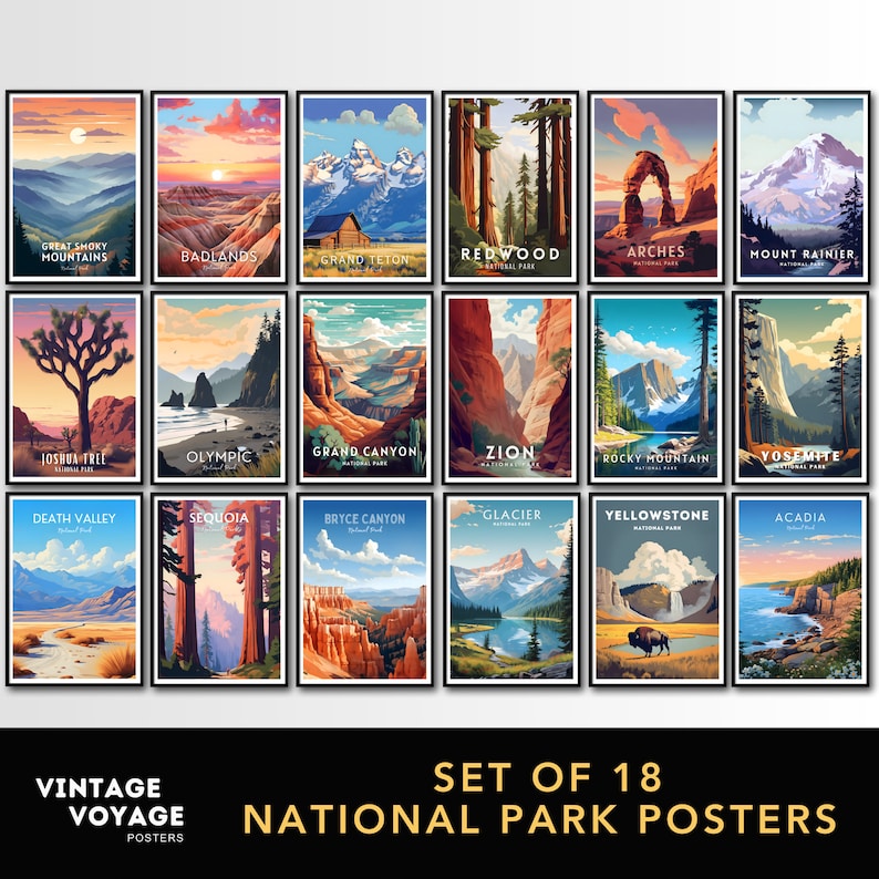 Set of 18 National Park Posters, National Park Wall Art Set, USA ...