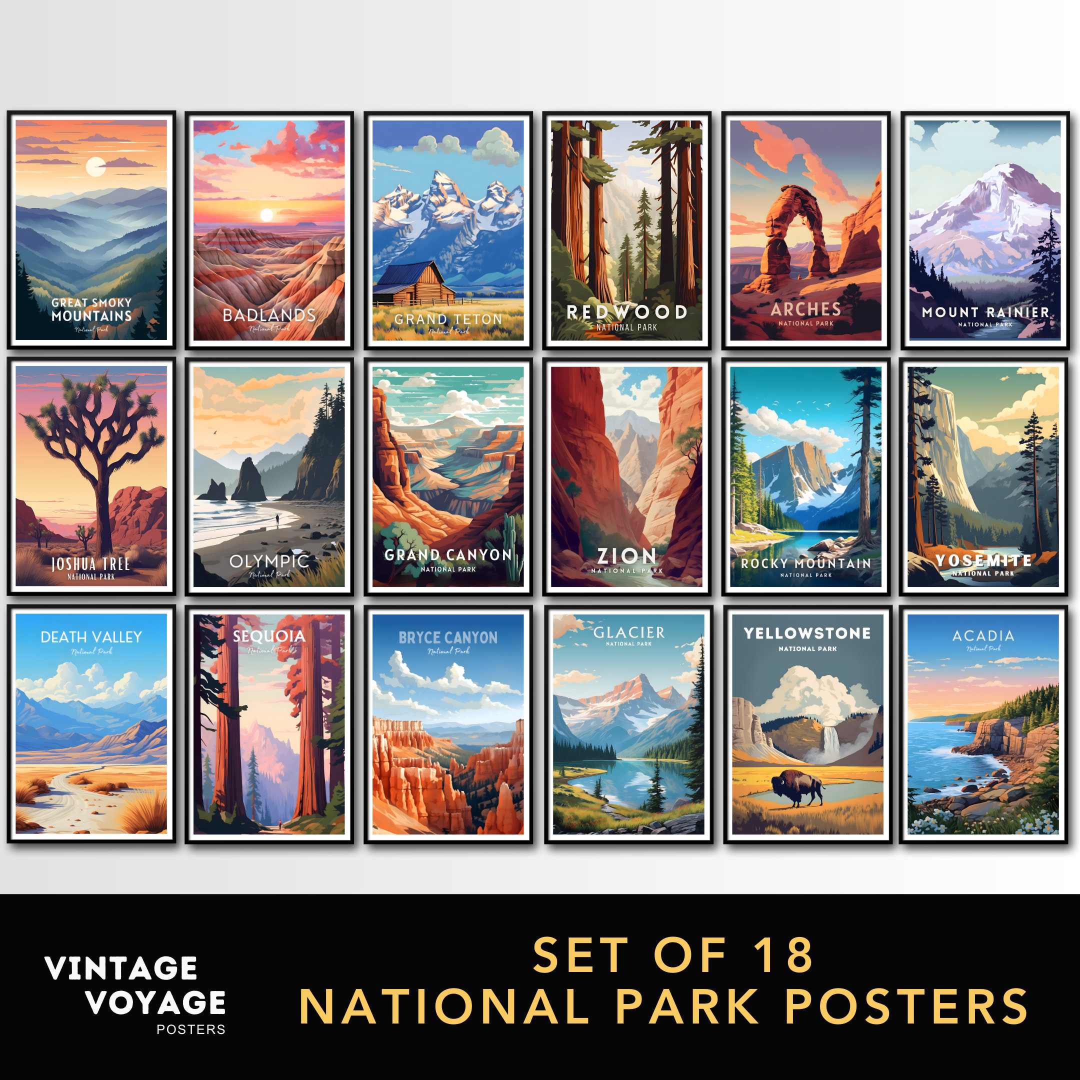 Set of 18 National Park Posters, National Park Wall Art Set, USA ...